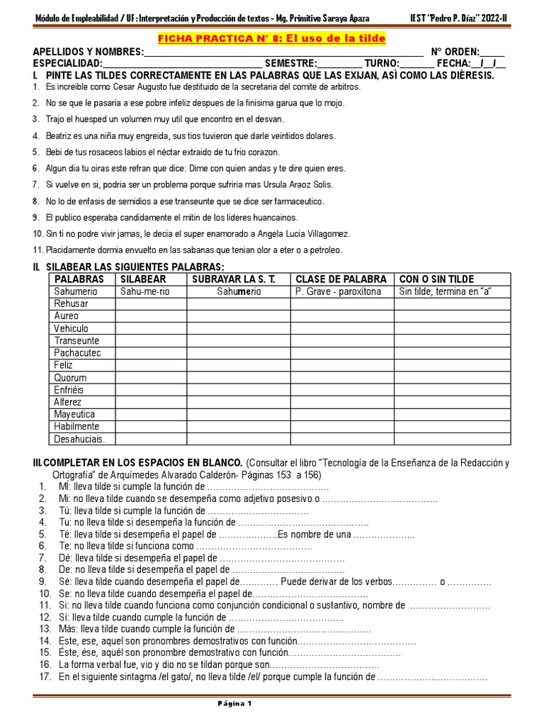 FICHA 08 - Taller Sobre La Ortografía Acentual | PDF | Escritura | VIH