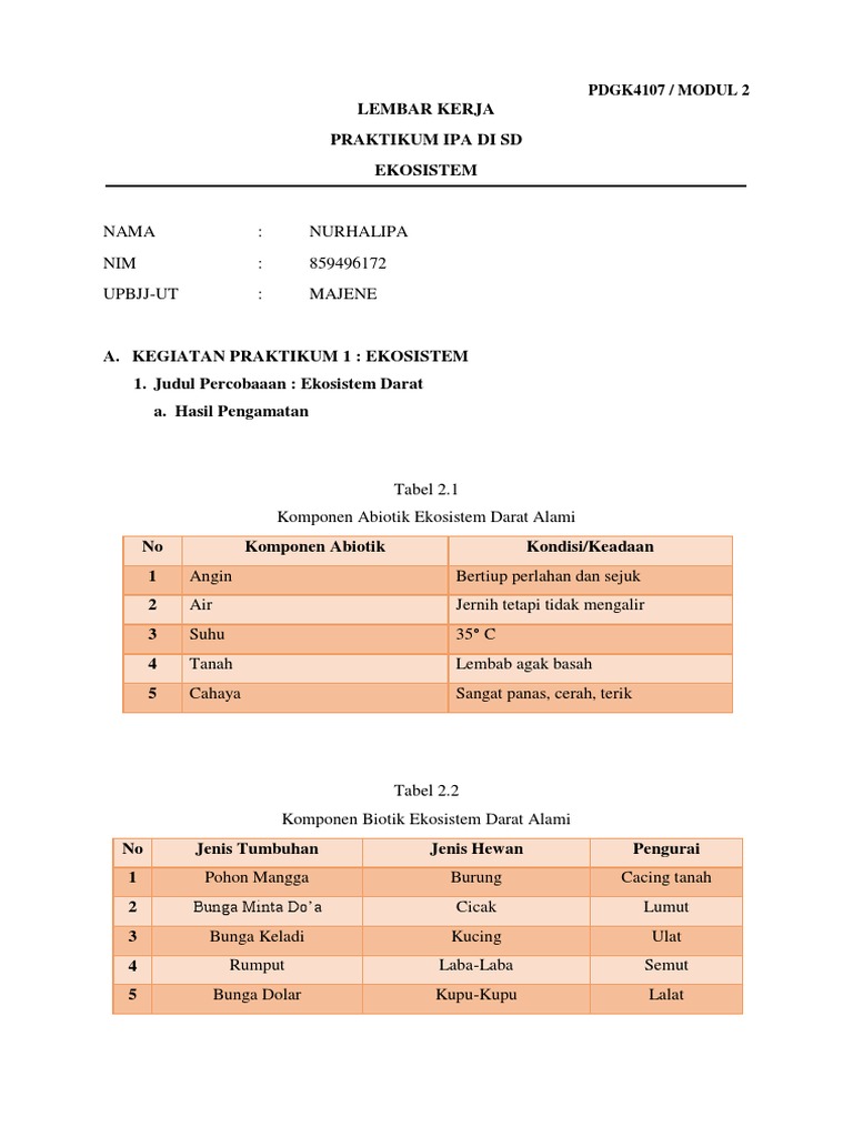 LKPD Praktikum Ipa Materi Ekosistem (Nurhalipa) | PDF