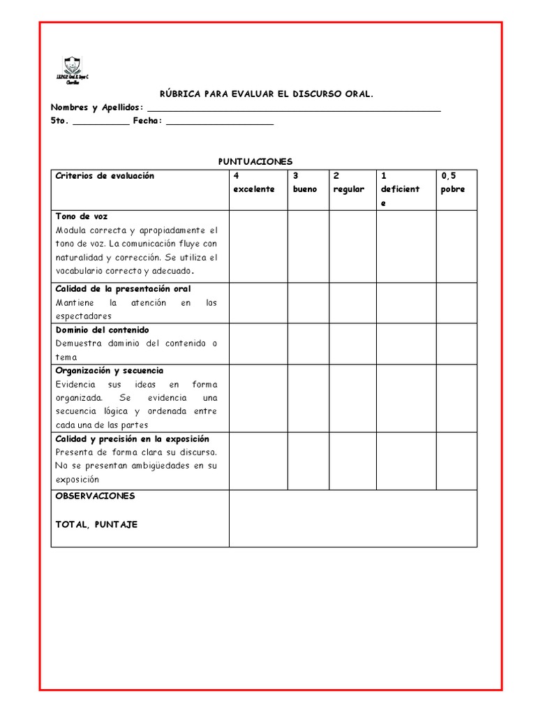 Rubrica para Evaluar El Discurso Oral | PDF