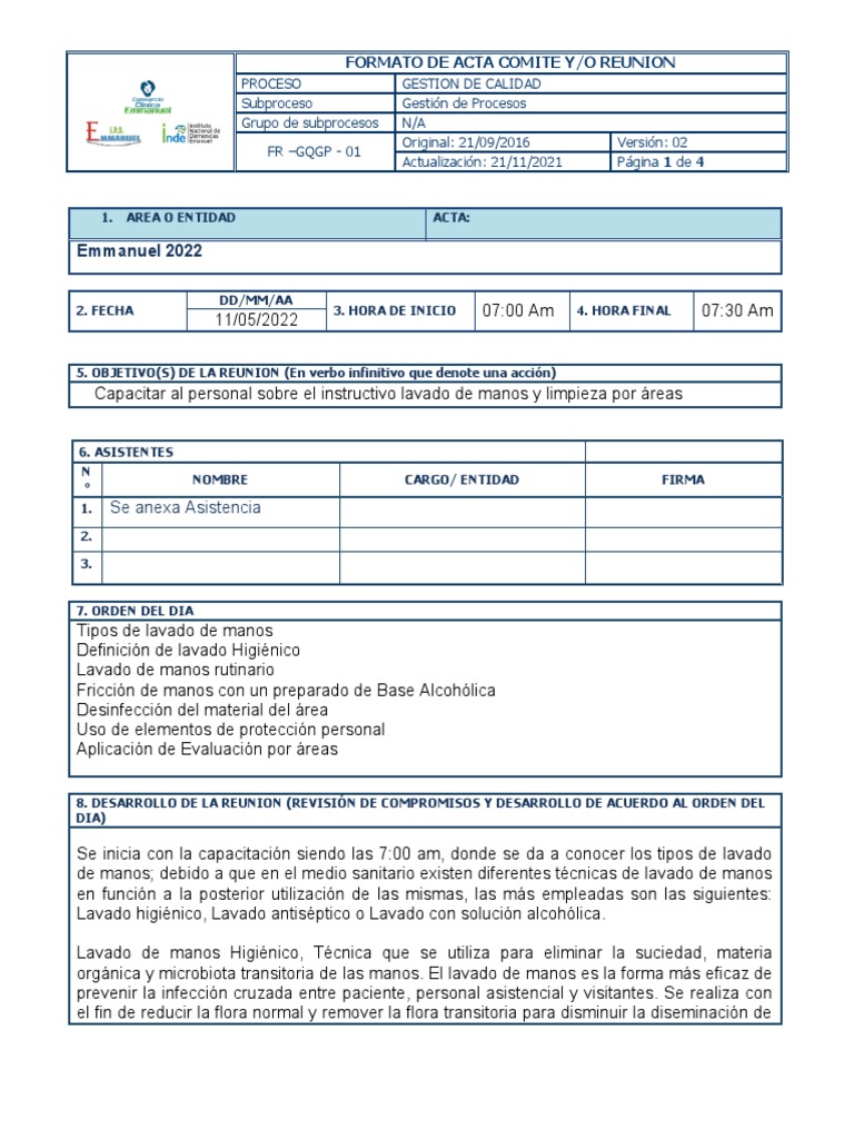 Acta de Lavado de Manos y Limpieza de Areas 2022 | Descargar gratis PDF | Lavado de manos ...