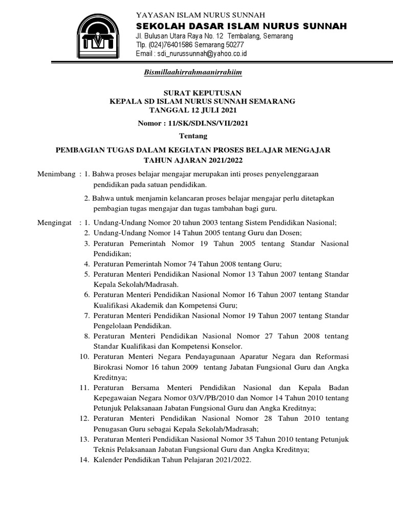 SK Pembagian Tugas Mengajar 2021 | PDF