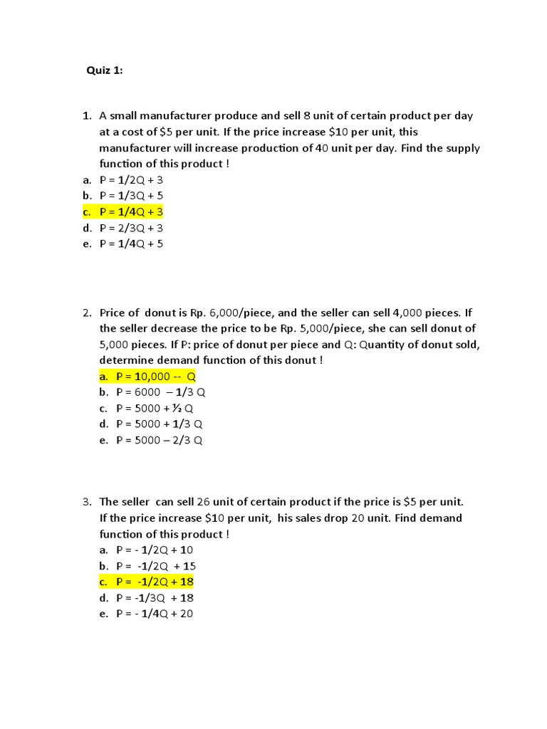 Quiz 1 Matbis Revised Without Key Answer | PDF | Price Elasticity Of Demand | Elasticity (Economics)