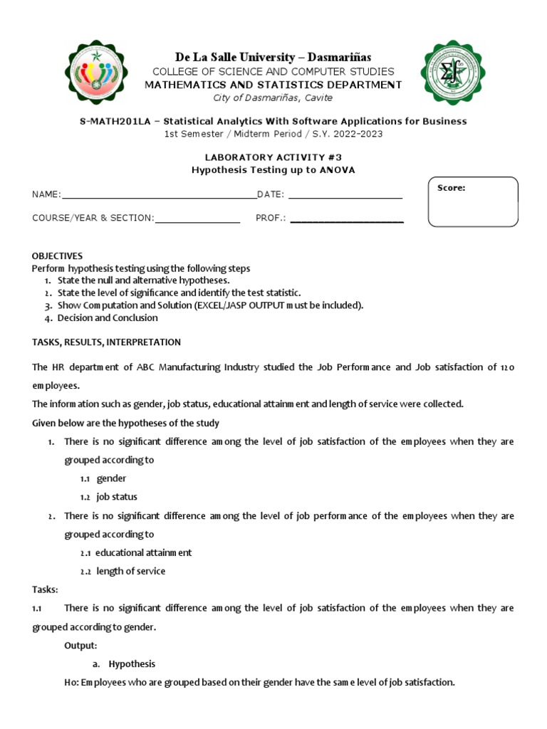 Laboratory Exercise 3 | PDF | P Value | Analysis Of Variance