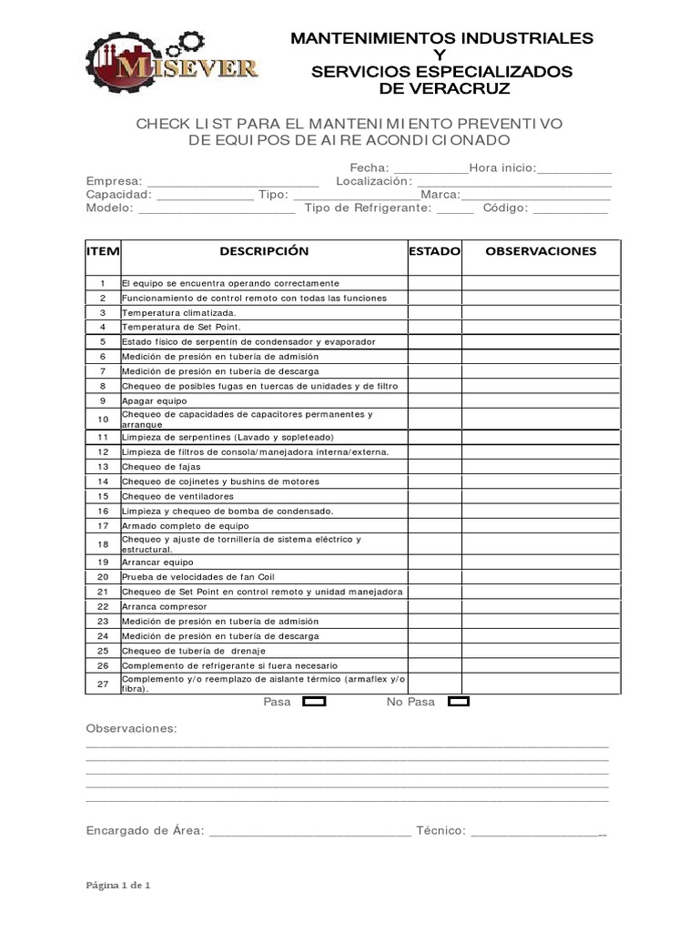 Checklist Minisplits | PDF | Ingeniería Termodinámica | Electrodoméstico
