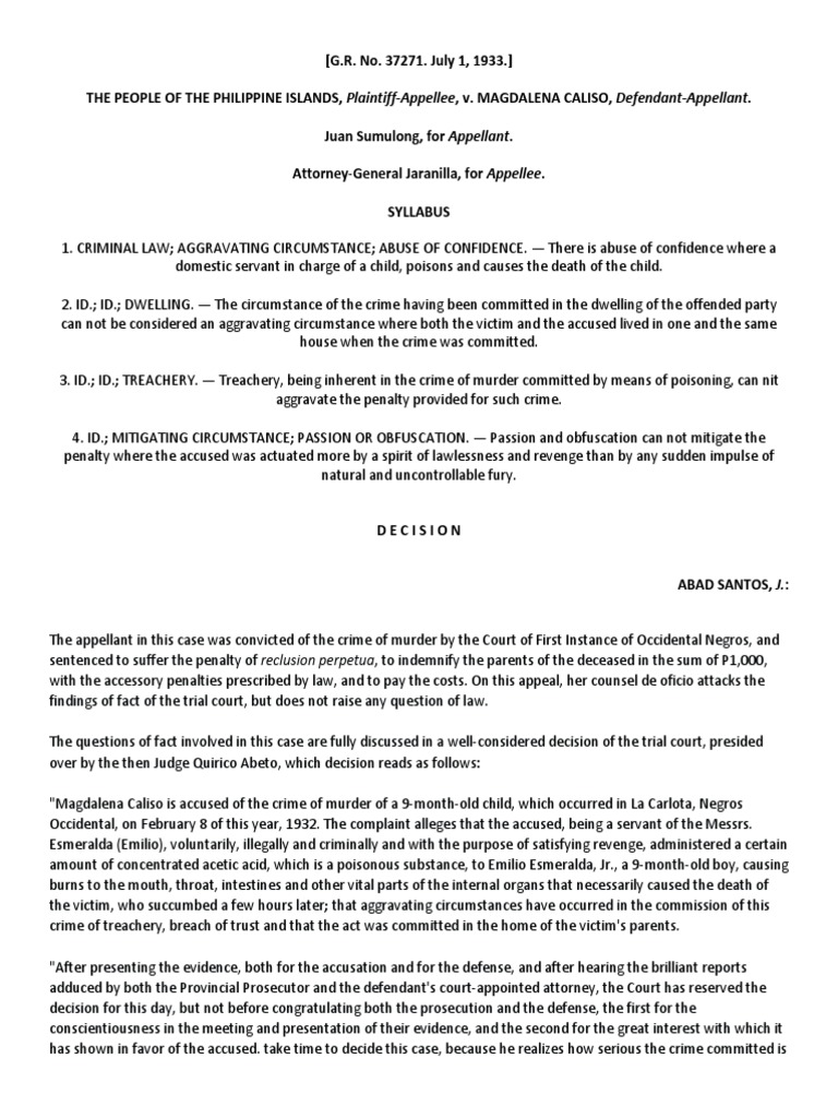 People vs. Caliso GR No. 37271 July 1 1933 | PDF | Murder | Crimes