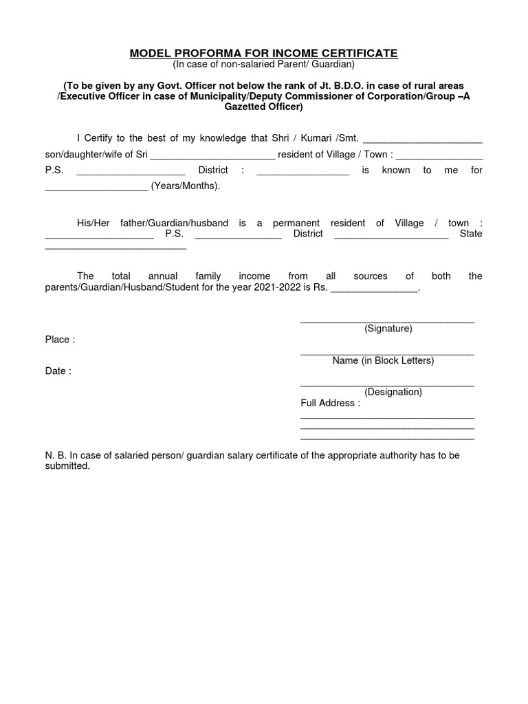 Model Income Certificate Proforma 2024-25 | PDF