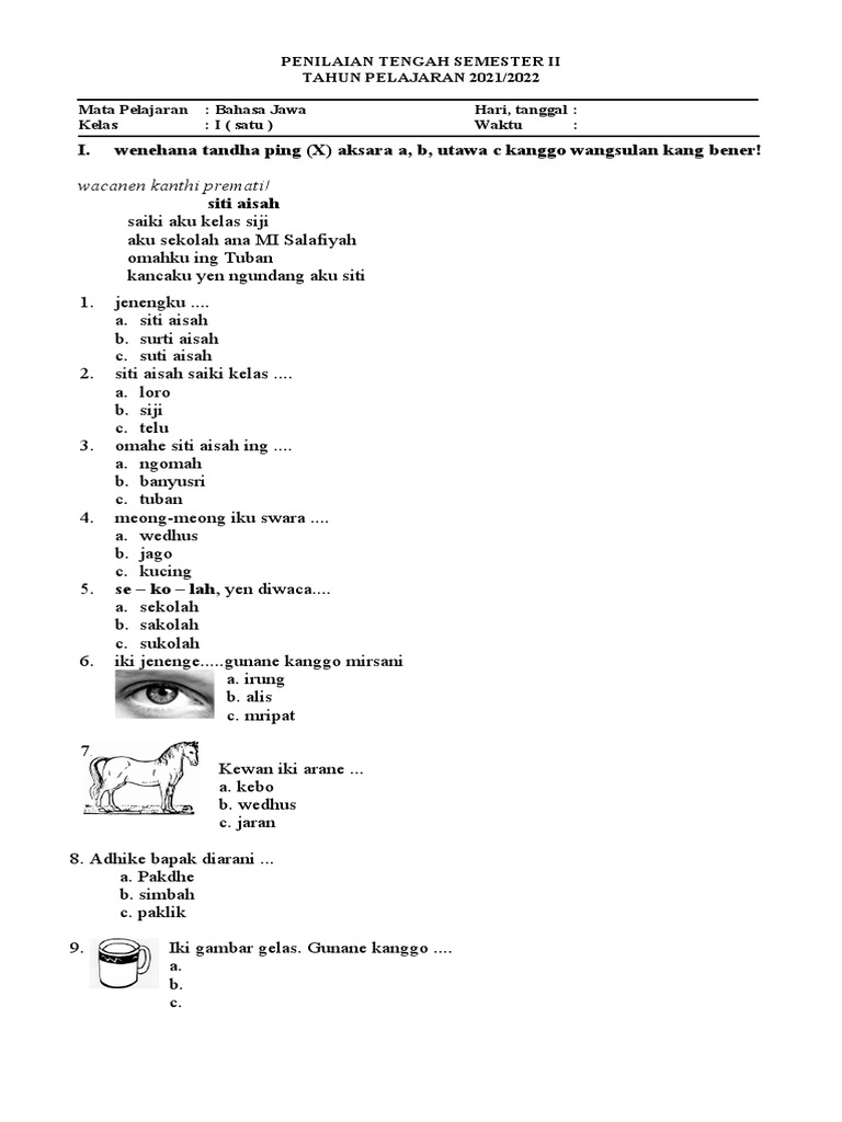 Soal Uas Bahasa Jawa SD Kelas 1 Dikonversi | PDF