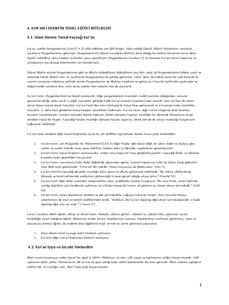 5 - Sinif Dkab 4.Üni̇te-Kur'an-i Keri̇m'i̇n Temel Eği̇ti̇ci̇ Ni̇teli̇kleri̇ | PDF