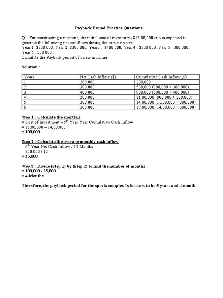Payback Period Practice Questions | PDF