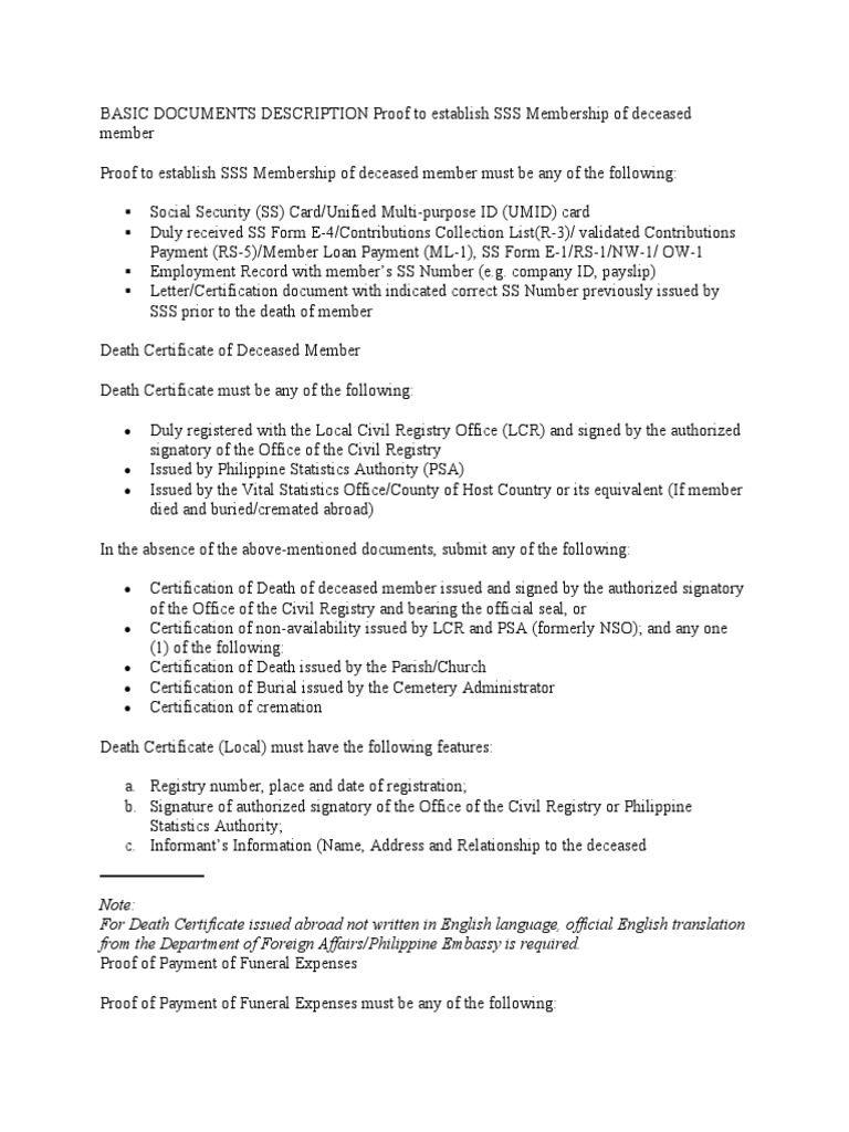 BASIC DOCUMENTSDESCRIPTIONProof To Establish SSS Membership of Deceased ...