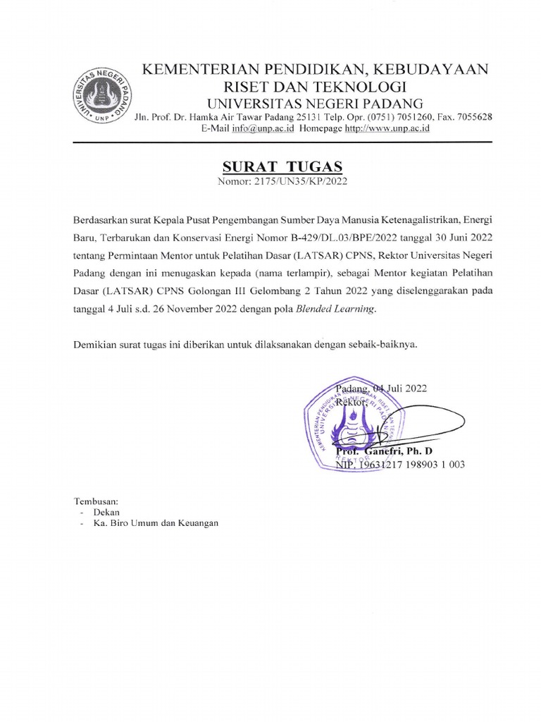 Surat Tugas Mentor LATSAR CPNS 2022 | PDF