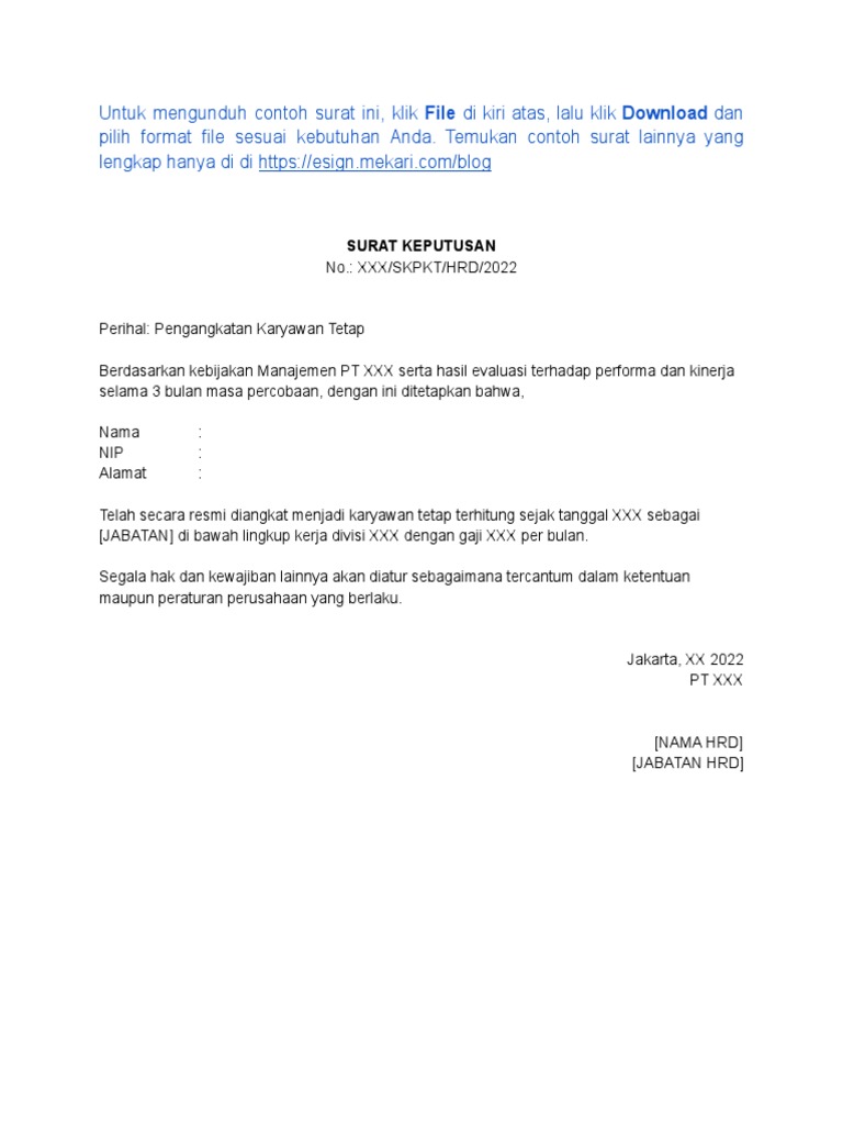 Contoh Surat Pengangkatan Karyawan Lengkap 1 | PDF