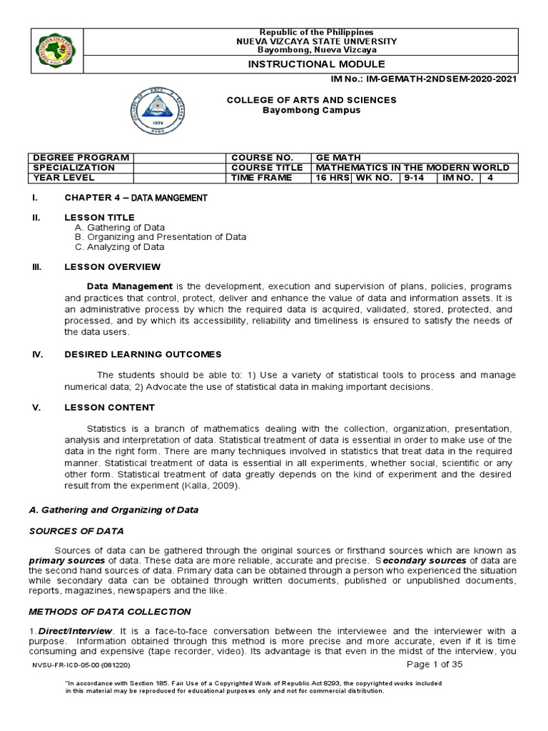 GE - Math Module 4 | PDF | Mode (Statistics) | Mean