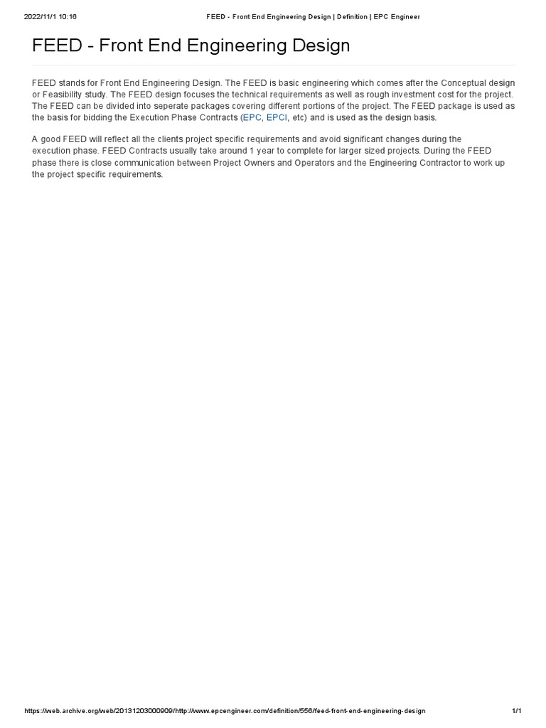 FEED - Front End Engineering Design - Definition - EPC Engineer | PDF