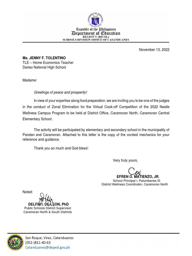 Letter to Invited Judges for Wellness Cook Off Tolentino DNHS | PDF