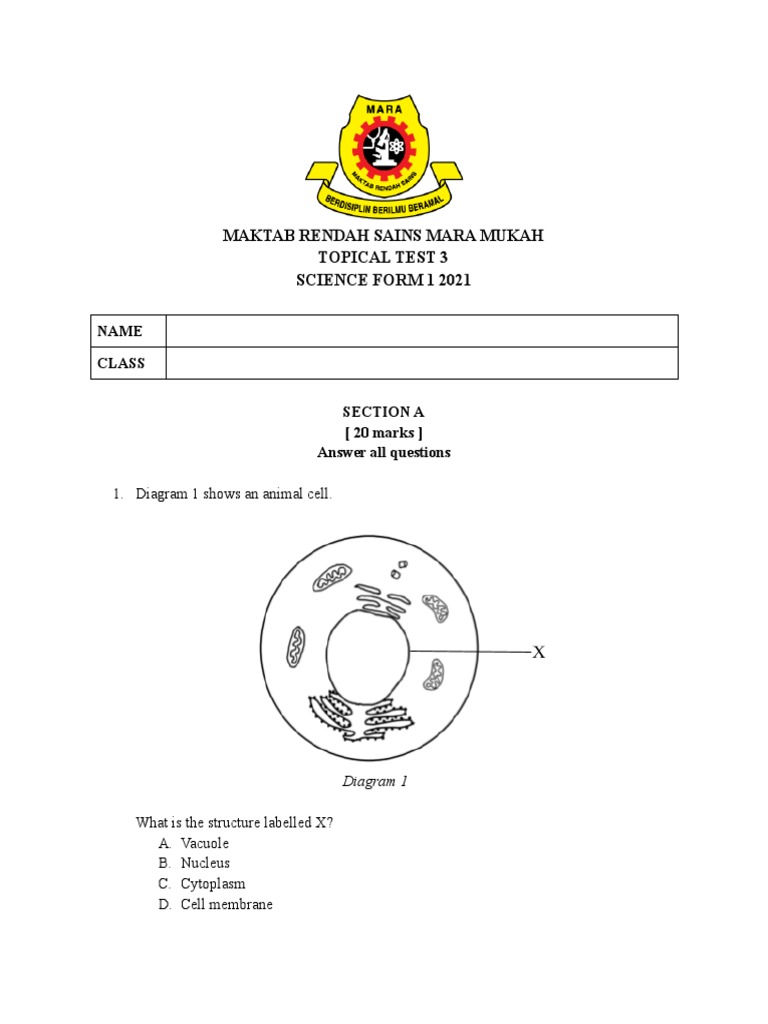 Form 1 Science Topical Test 2021 | PDF | Cell (Biology) | Photosynthesis