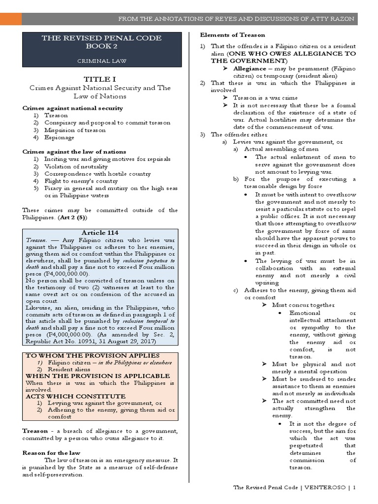 Revised Penal Code Part 2 (Reyes) (2021) | PDF | Treason | Crimes
