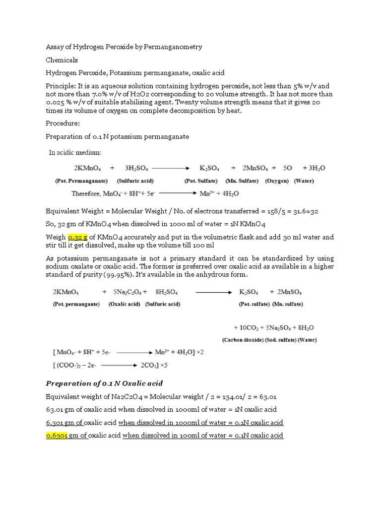 Hydrogen Peroxide Assay by Permanganometry | PDF | Hydrogen Peroxide ...
