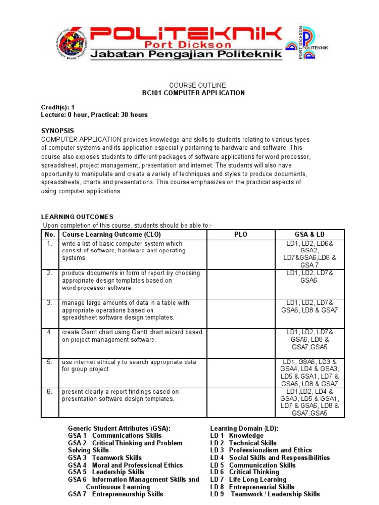 Course Outline BC101 | PDF | Lecture | Educational Assessment