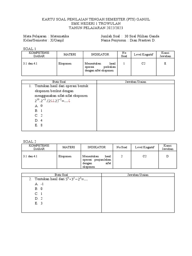 Kartu Soal Pilihan Ganda MTK X | PDF