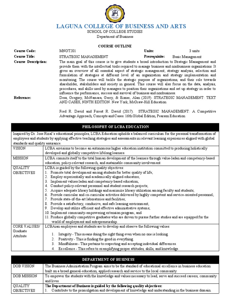 Mngt201 Strategic Mngt. Course Outline | PDF | Strategic Management ...