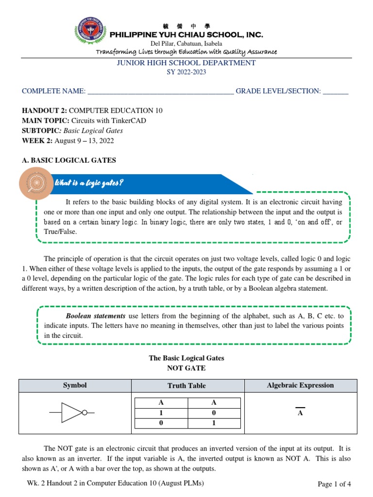 COMPUTER 10 Handout 2 | PDF | Logic Gate | Boolean Algebra