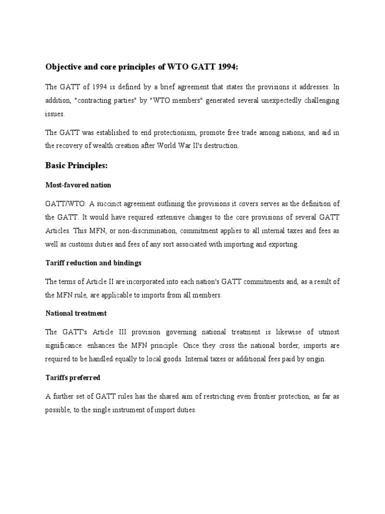 Objective and core principles of WTO GATT 1994 | PDF