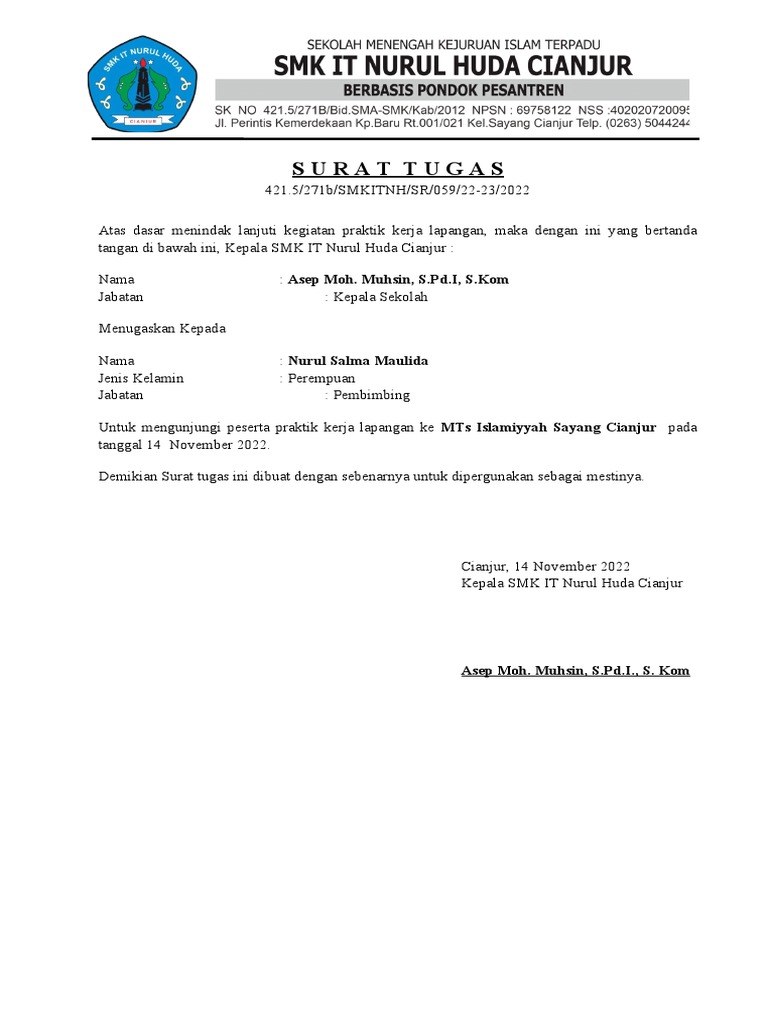 Surat Tugas Kunjungan PKL I | PDF