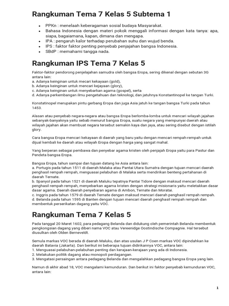 Rangkuman Tema 7 Kelas 5 | PDF