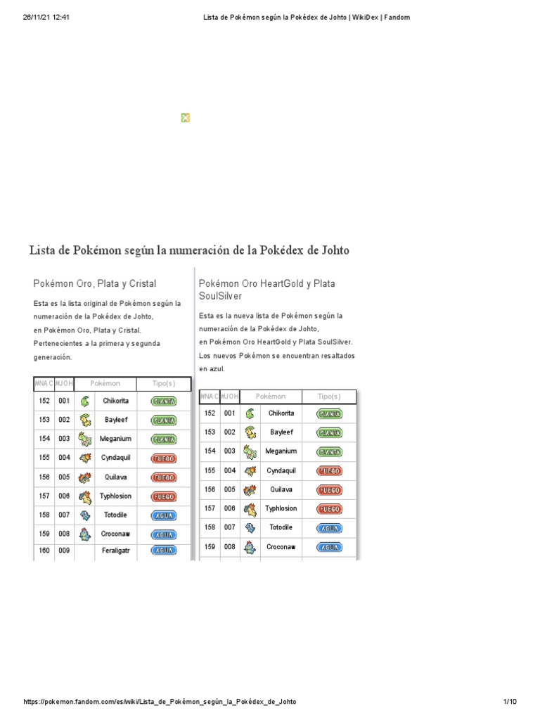 Lista de Pokémon Según La Pokédex de Johto - WikiDex - Fandom | PDF