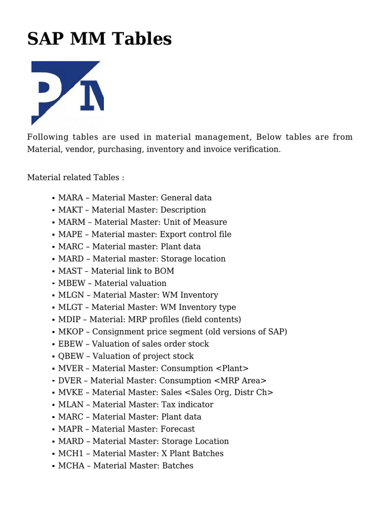 SAP MM Tables List | PDF