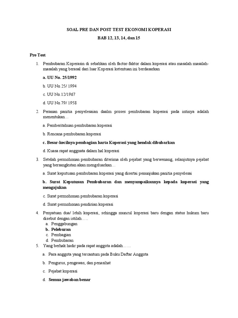 Soal Pre Dan Post Test Ekonomi Koperasi | PDF