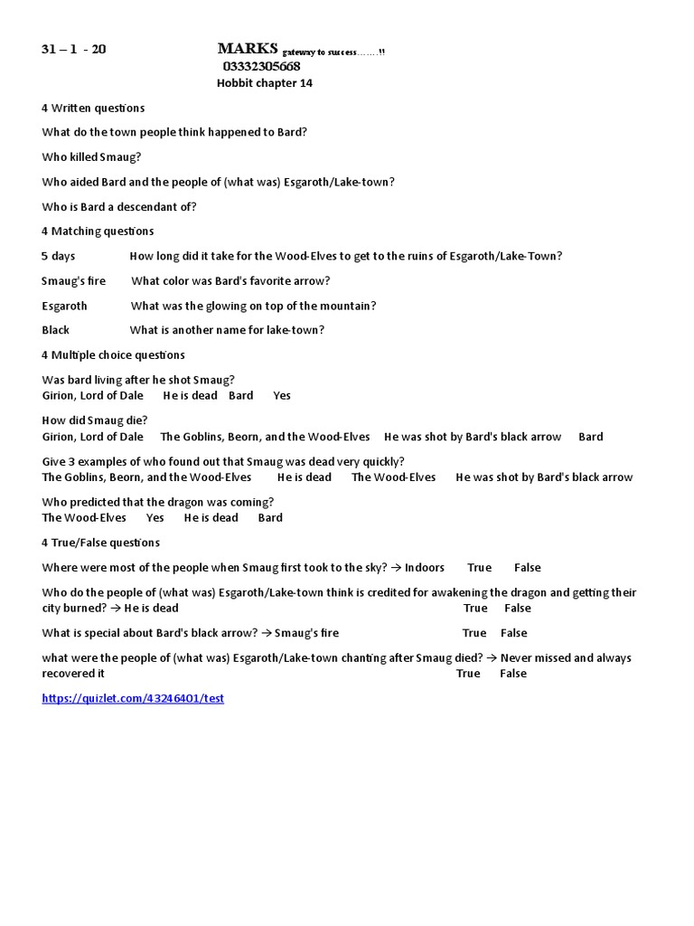 Hobbit Chapter 14 Quiz Questions | PDF