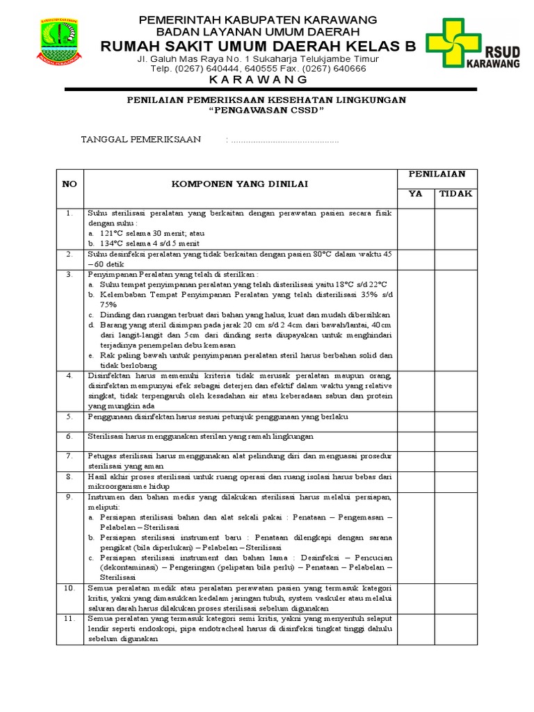 Penilaian Pemeriksaan Kesehatan Lingkungan CSSD | PDF