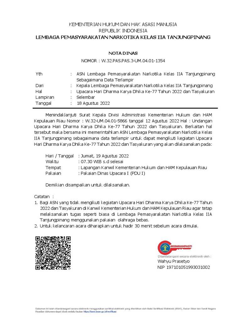 Nota Dinas Upacara Dan Tasyakuran Peringatan HDKD Ke 77 Tahun 2022 | PDF Nota Dinas Upacara Dan Tasyakuran Peringatan HDKD Ke 77 Tahun 2022 | PDF