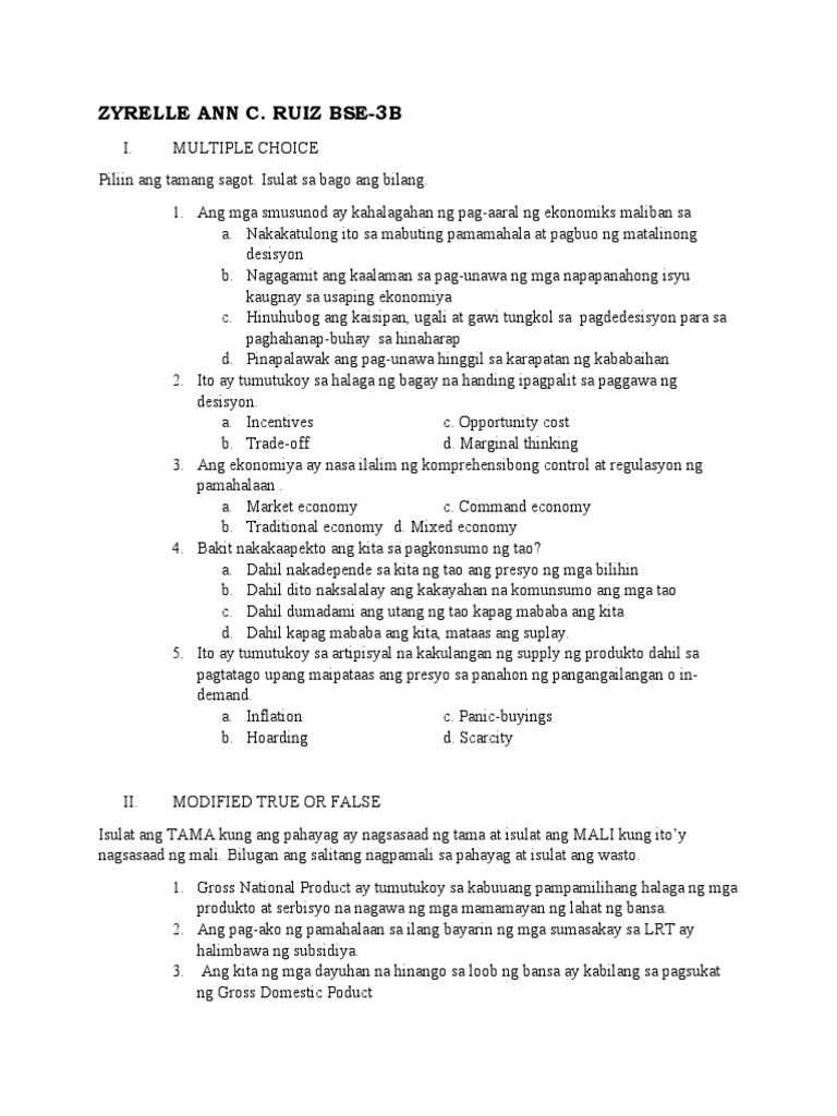 MULTIPLE CHOICE Araling Panlipunan | PDF