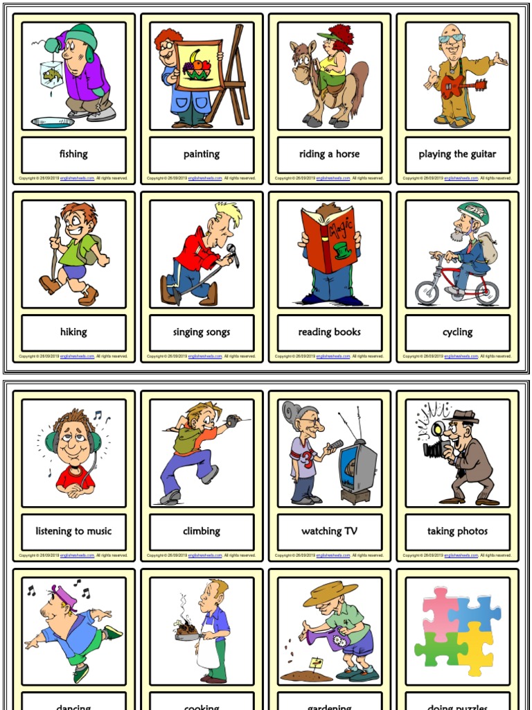 Hobbies Vocabulary Esl Printable Learning Cards For Kids | PDF | All ...