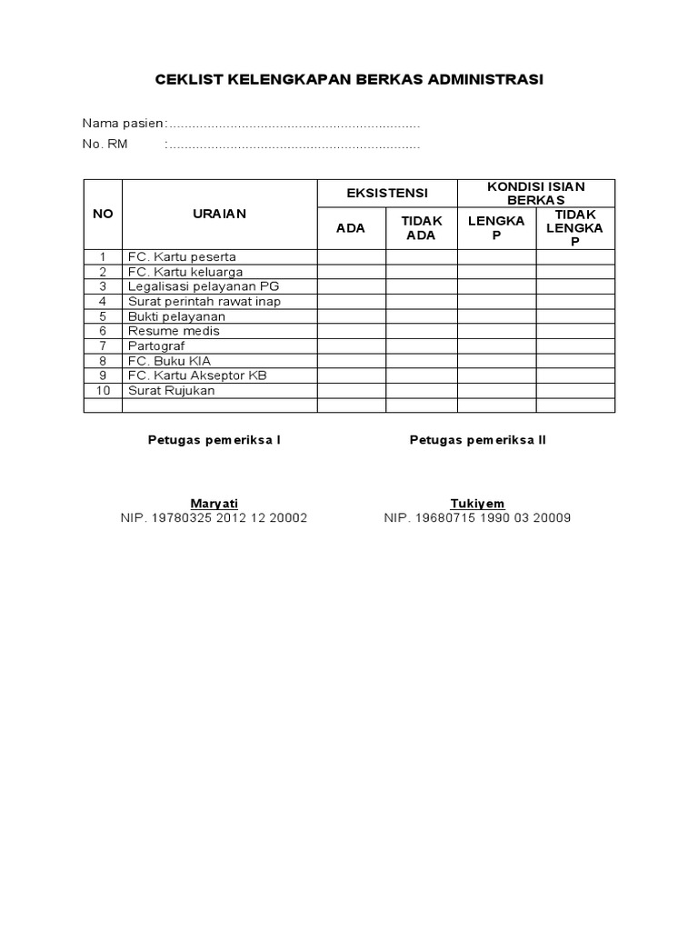 Ceklist Kelengkapan Berkas Administrasi | PDF