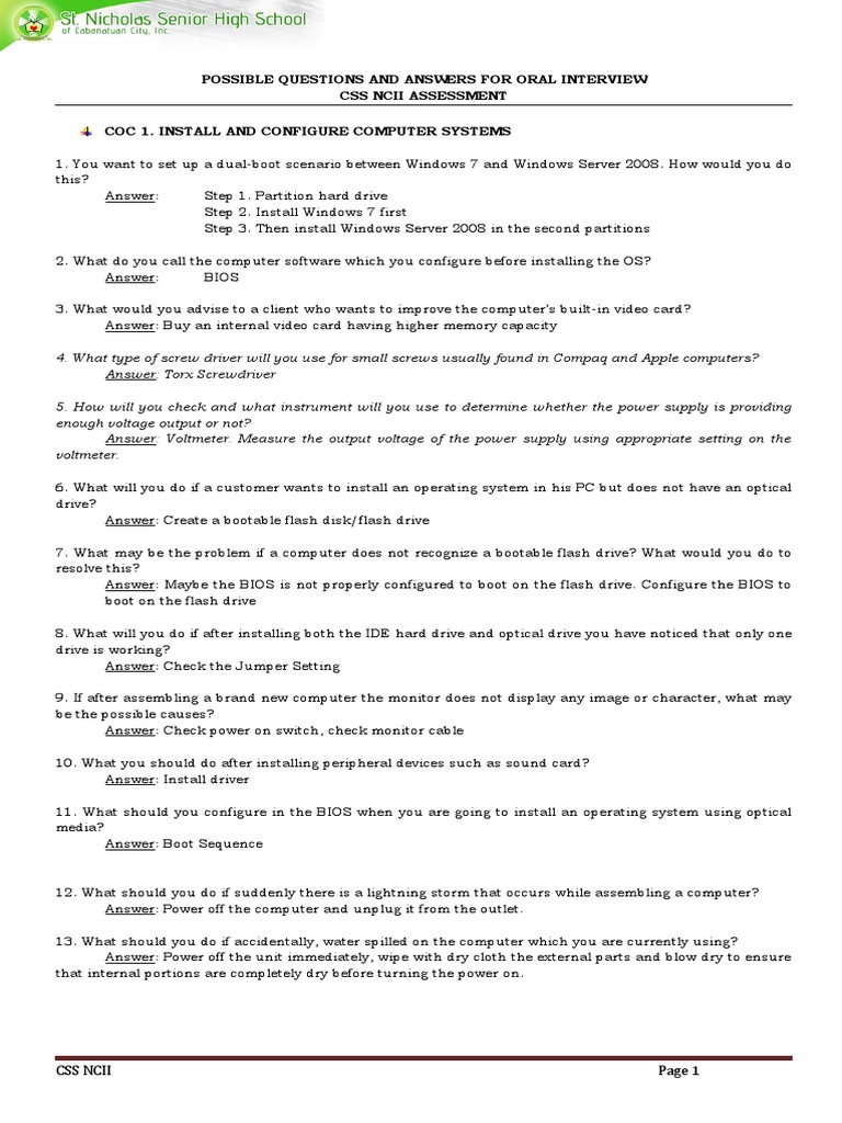 Computer Systems Servicing Interview Questions A | PDF