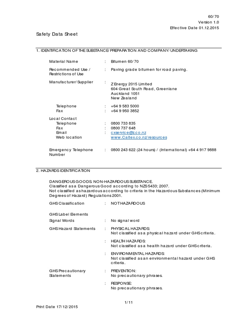 Caltex 60 70 SDS | PDF | Dangerous Goods | Toxicity