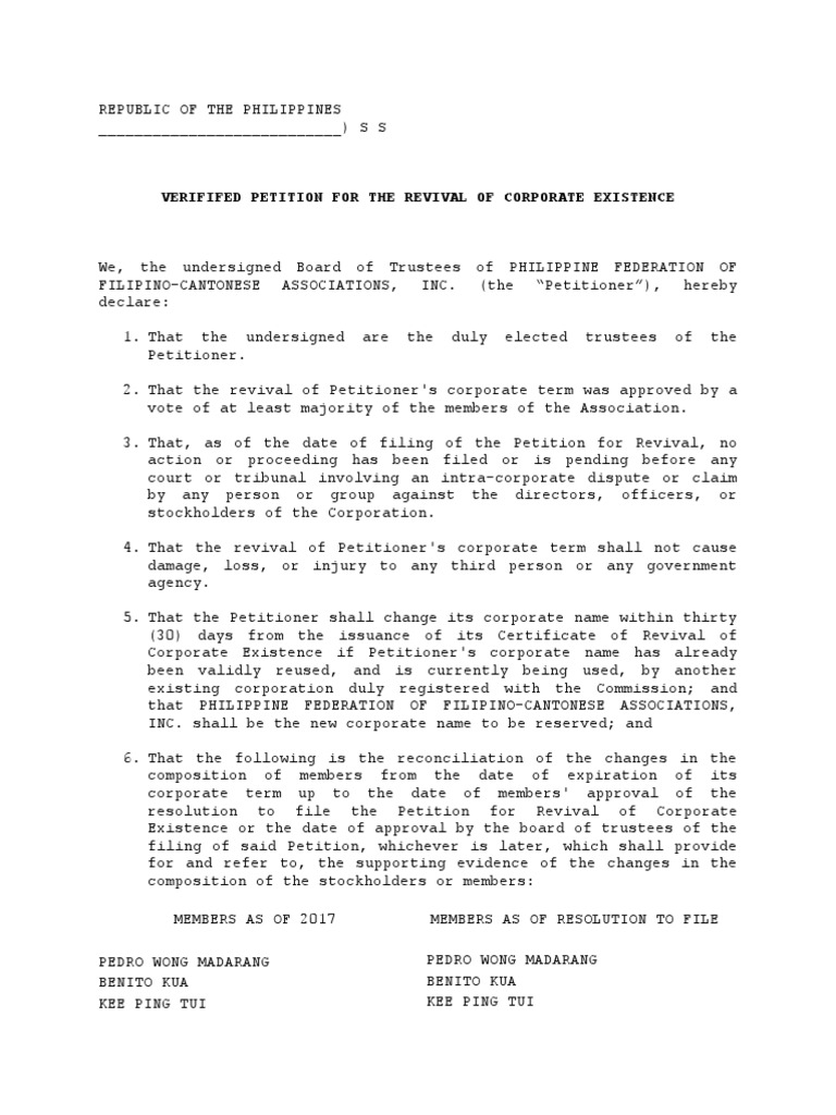 FILCAN Verified Petition For The Revival of Corporate Existence | PDF ...