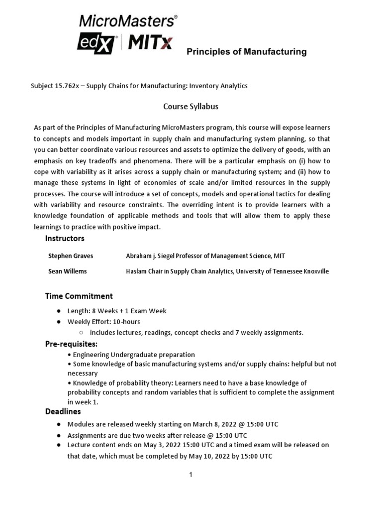 MIT Principles of Manufacturing Syllabus | PDF | Inventory | Forecasting