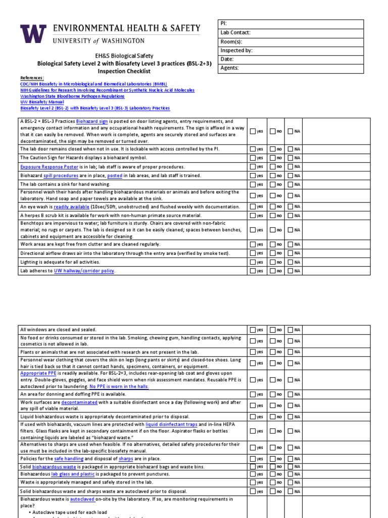 BSL2with3 Biosafety Inspection Checklist | PDF | Laboratories | Safety
