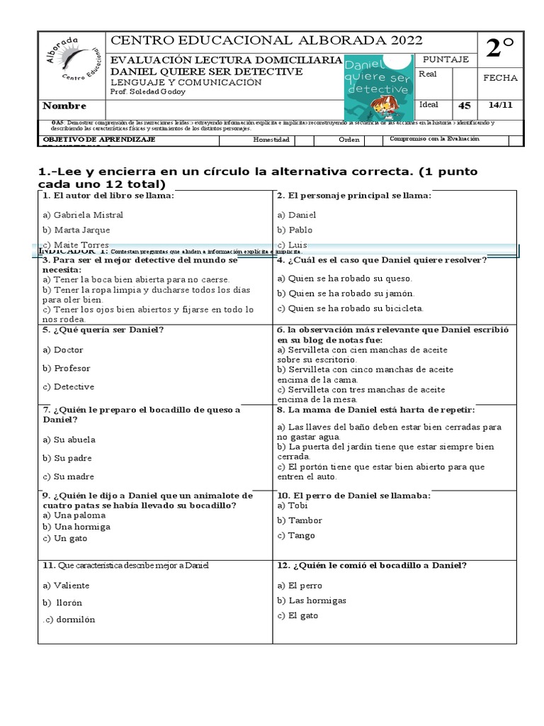 Evaluación de Comprensión: Daniel Detective | PDF
