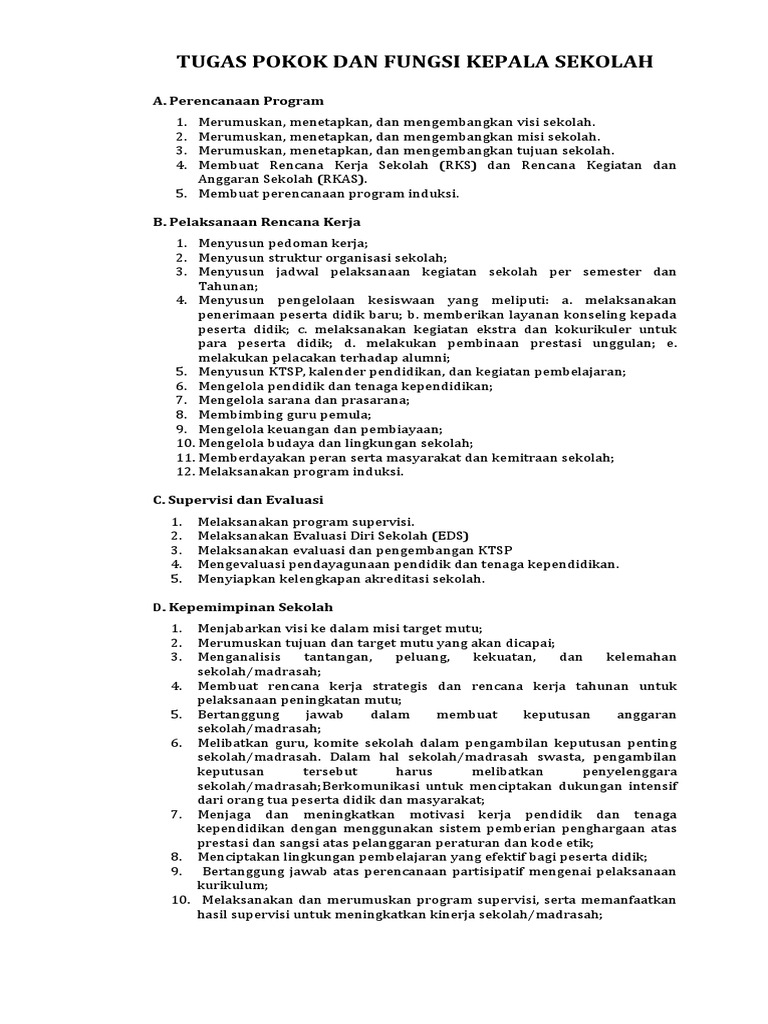 Tugas Pokok Dan Fungsi Kepala Sekolah | PDF