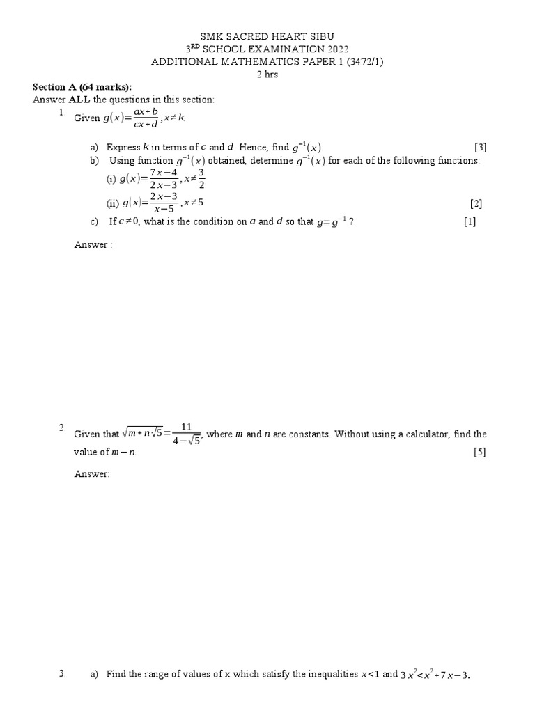 2022 SMK Sacred Heart Sibu Additional Math Exam | PDF