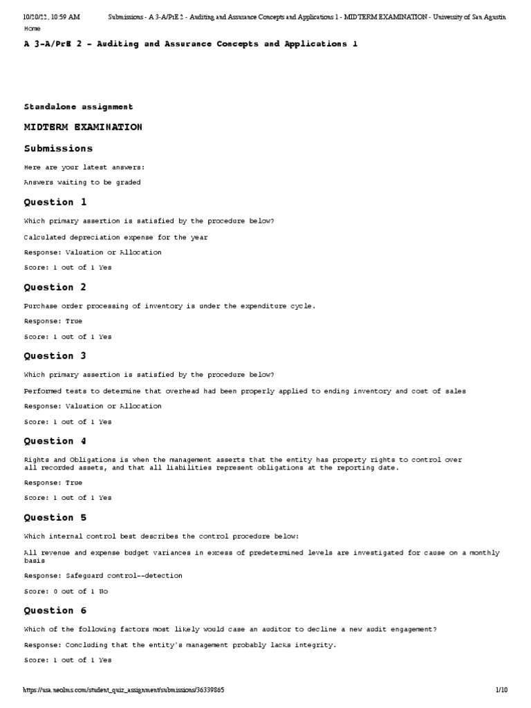 Submissions A 3 A - PrE 2 Auditing and Assurance Concepts and Applications 1 MIDTERM EXAMINATION ...