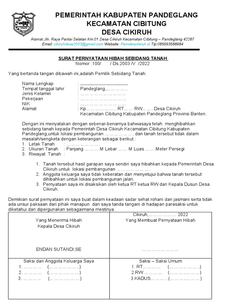 Surat Pernyataan Hibah Tanah Untuk Pembangunan Jalan 2022 | PDF