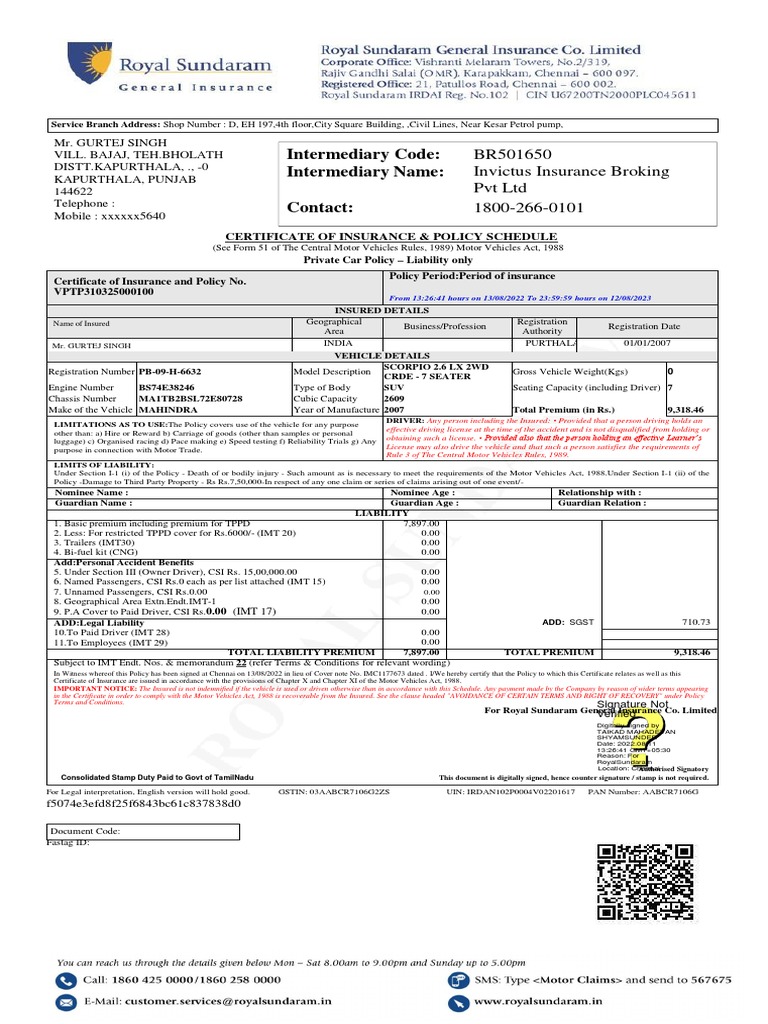 Mahindra Car Insurance Certificate | PDF | Insurance | Vehicles