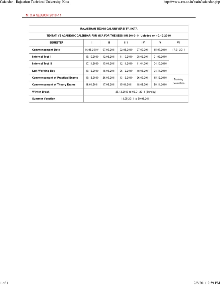 MCA Academic Calendar 2010-11 RTU | PDF | Technology & Engineering